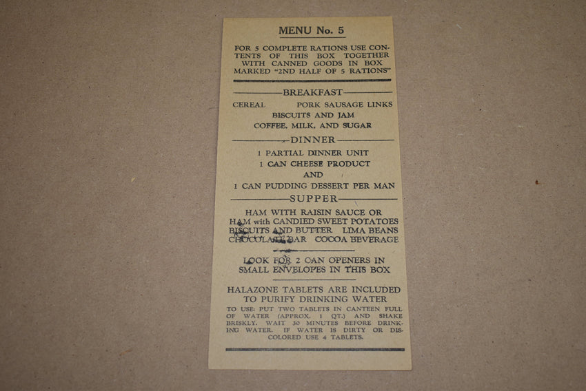 Tract 10-in-1 ration, Menu No. 5 – 40's Vintage